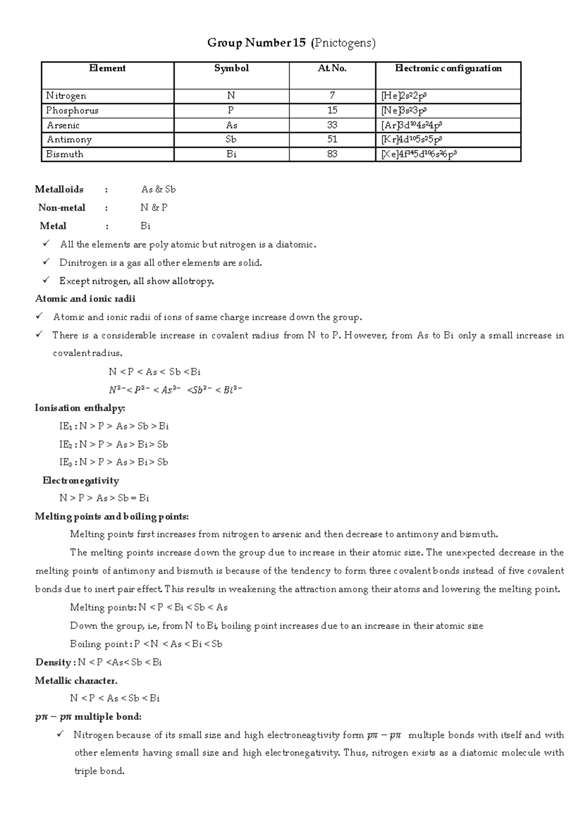 P Block Group 15 (Pnictogens) - JEE Short Notes & Key Concepts - Studocu