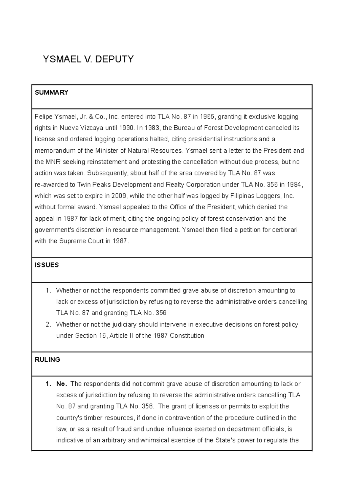 YSMAEL V. DEPUTY: Summary of Supreme Court Ruling on TLA No. 87 - Studocu