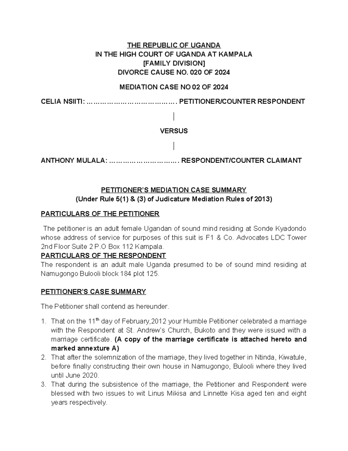 Mediation Case Summary for Divorce Cause No. 020/2024 - F1 - Studocu