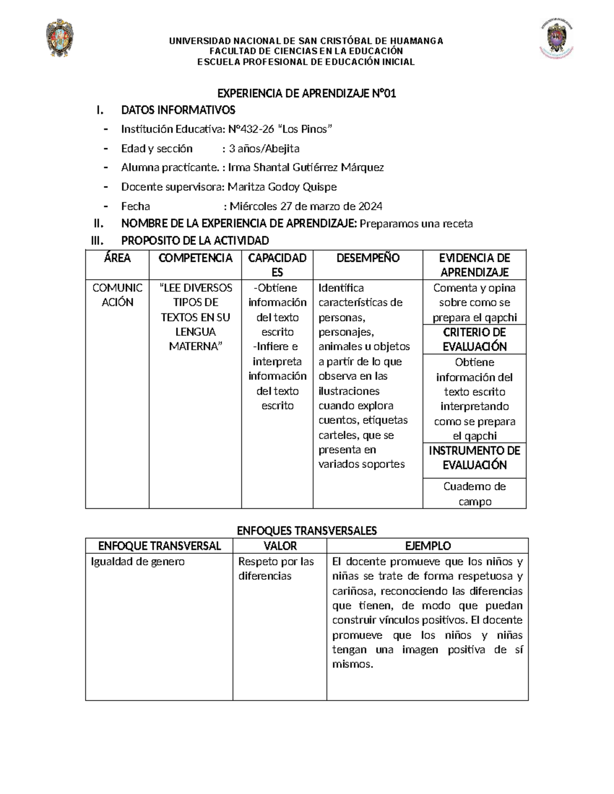 Experiencia DE Aprendizaje "Preparamos una receta" - FACULTAD DE CIENCIAS EN LA EDUCACIÓN ...
