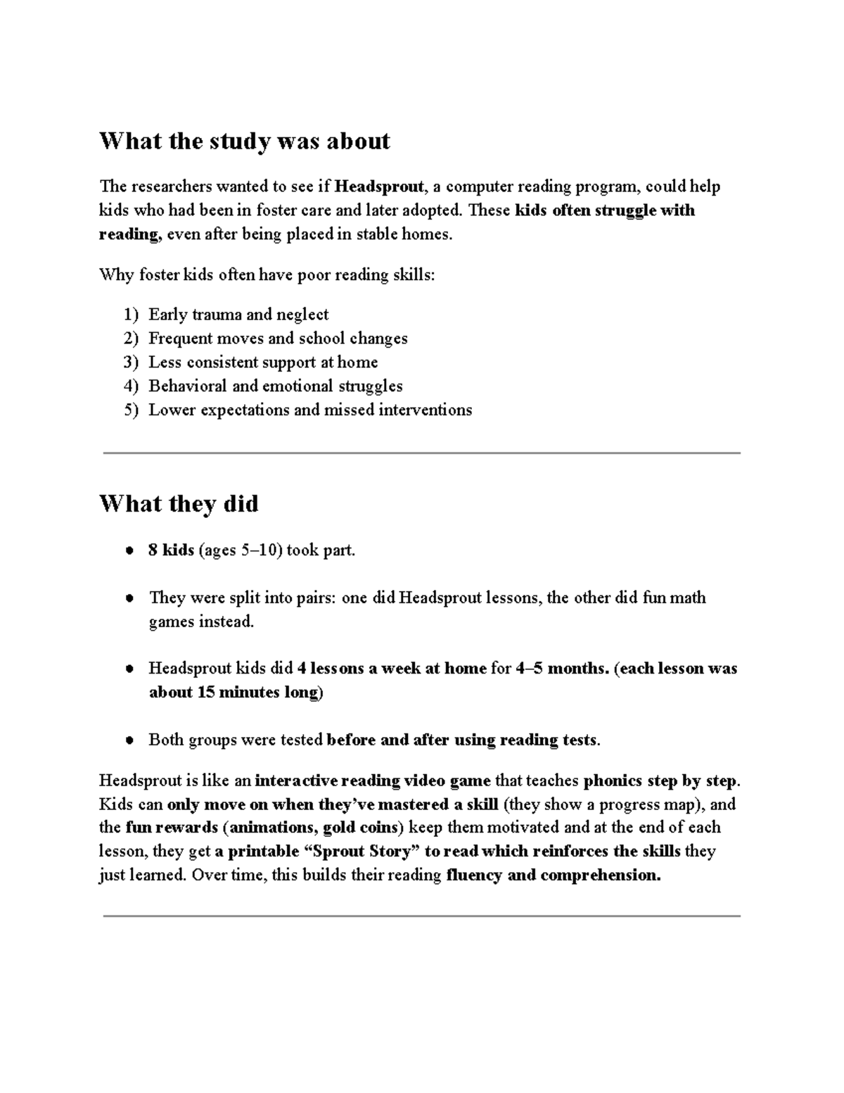 The Effect of Headsprout on Reading Skills in Adopted Foster Kids - Studocu