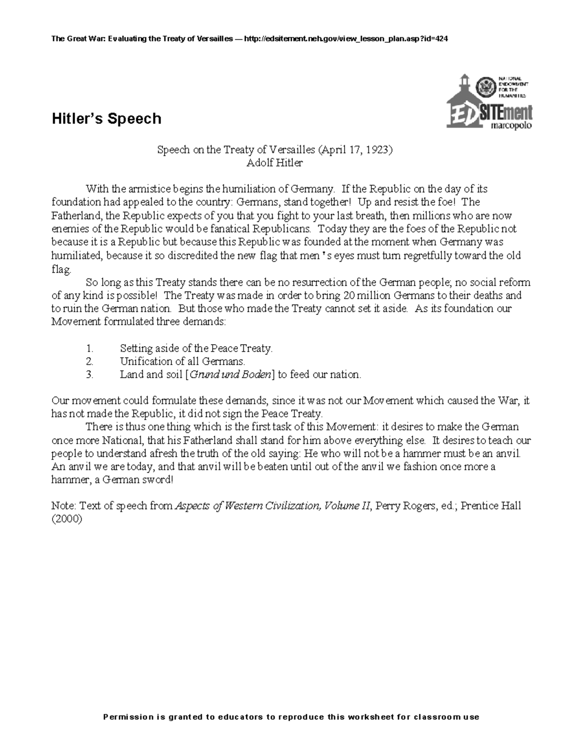 Hitlerspeech - Hitler - The Great War: Evaluating the Treaty of ...