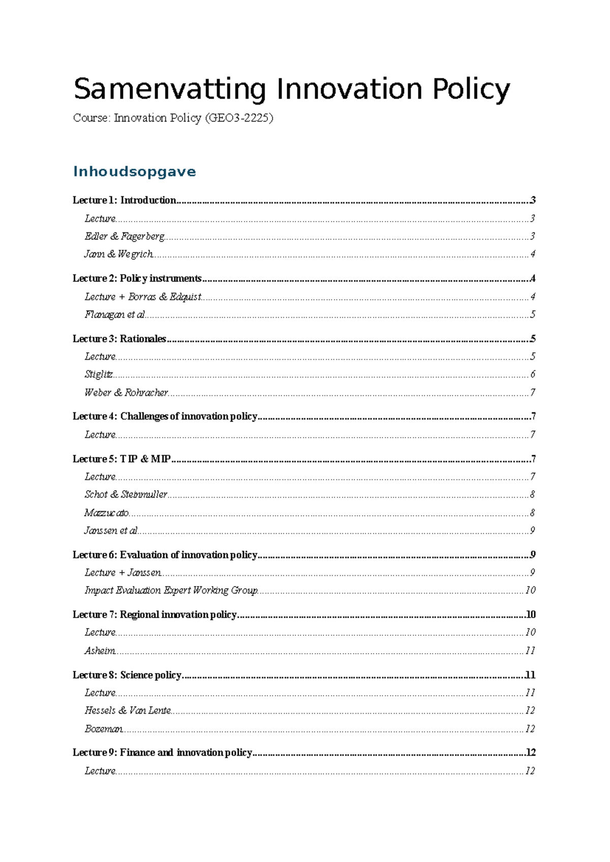 Samenvatting Innovatiebeleid Cursus: Inhoudsopgave en Hoofdlijnen - Studeersnel