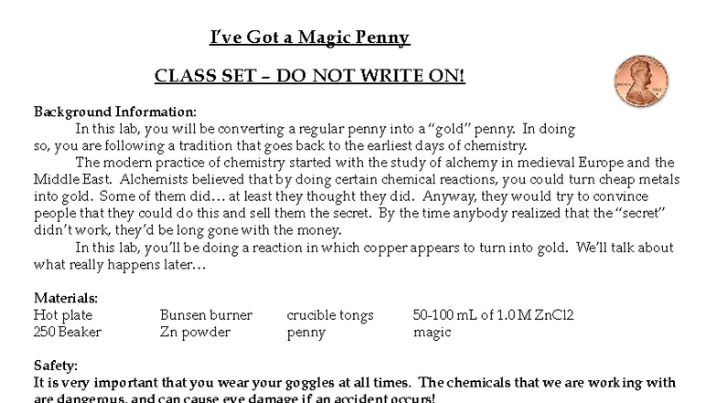 Golden Penny Lab Experiment - CHEM 101 - Studocu