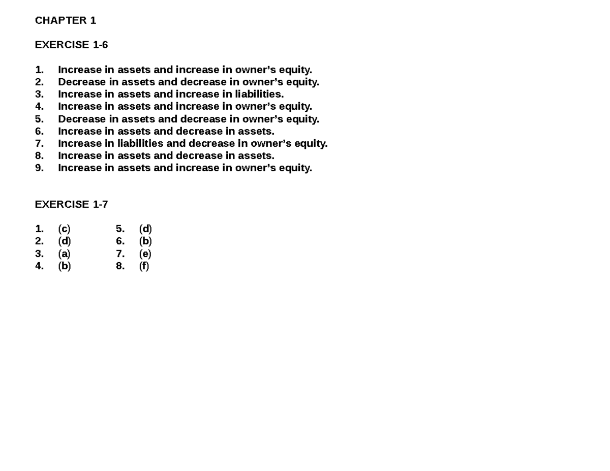 Chapter 1 Solution - Assignments - CHAPTER 1 EXERCISE 1- 1. Increase in assets and increase in ...