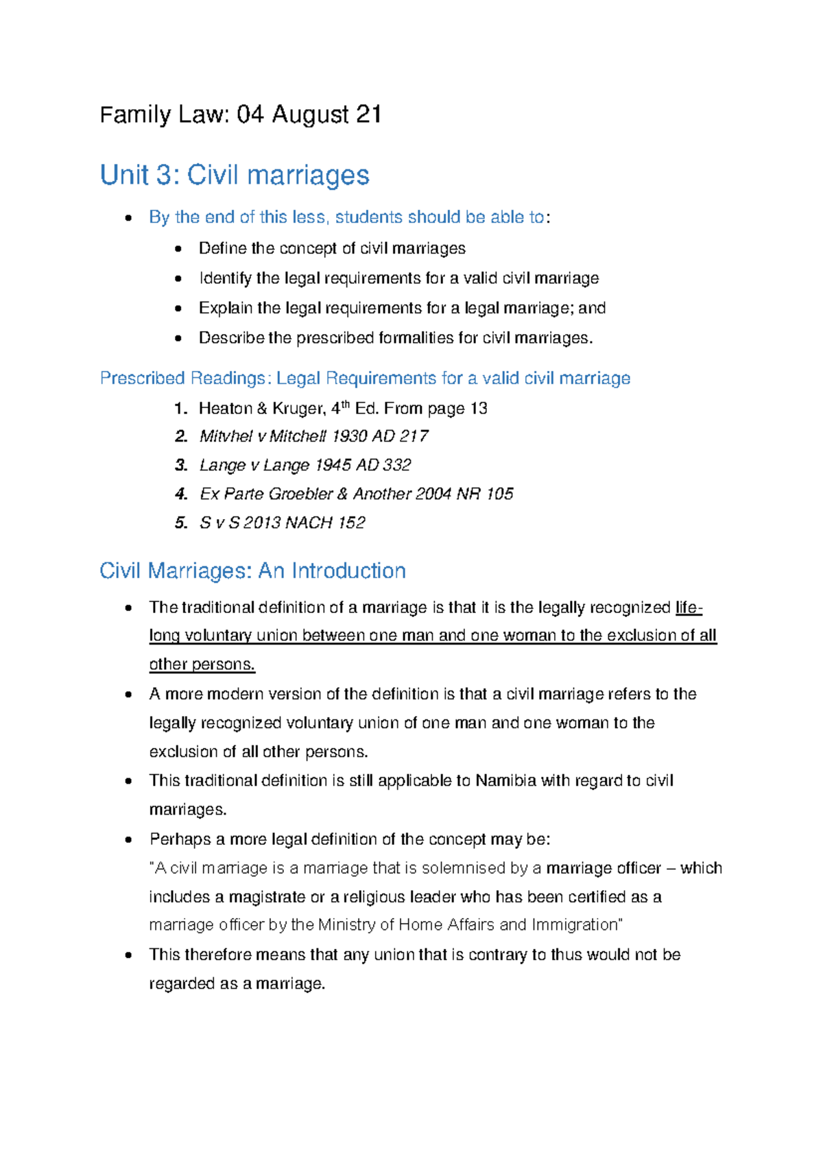FAMILY LAW: Unit 3 – Understanding Civil Marriages (Exam Notes) - Studocu