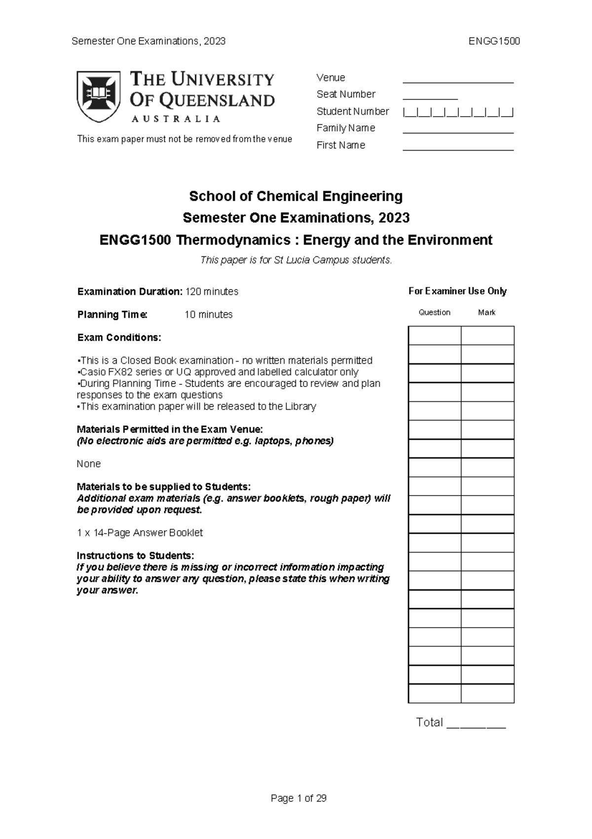 Semester One Final Examination 2023 ENGG1500 - Semester One ...