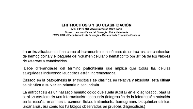 Eritrocitosis y Clasificación: Notas de Patología Clínica MVZ 2023-1 ...