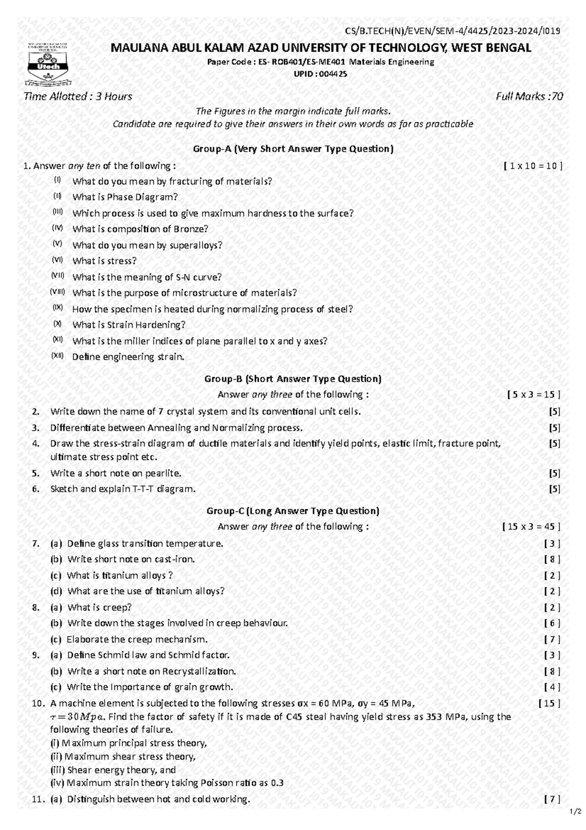 Materials Engineering MAULANA ABUL KALAM AZAD UNIVERSITY OF TECHNOLOGY ...