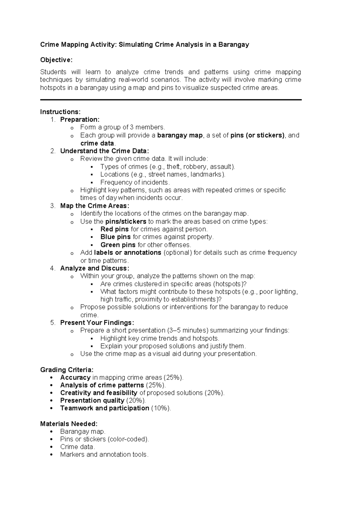 Crime Mapping Activity - The activity will involve marking crime ...