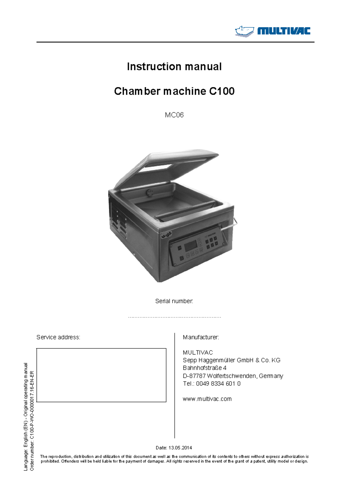 User Manual for MULTIVAC Chamber Machine C - C100-P-WO-0000017.16-EN-ER ...