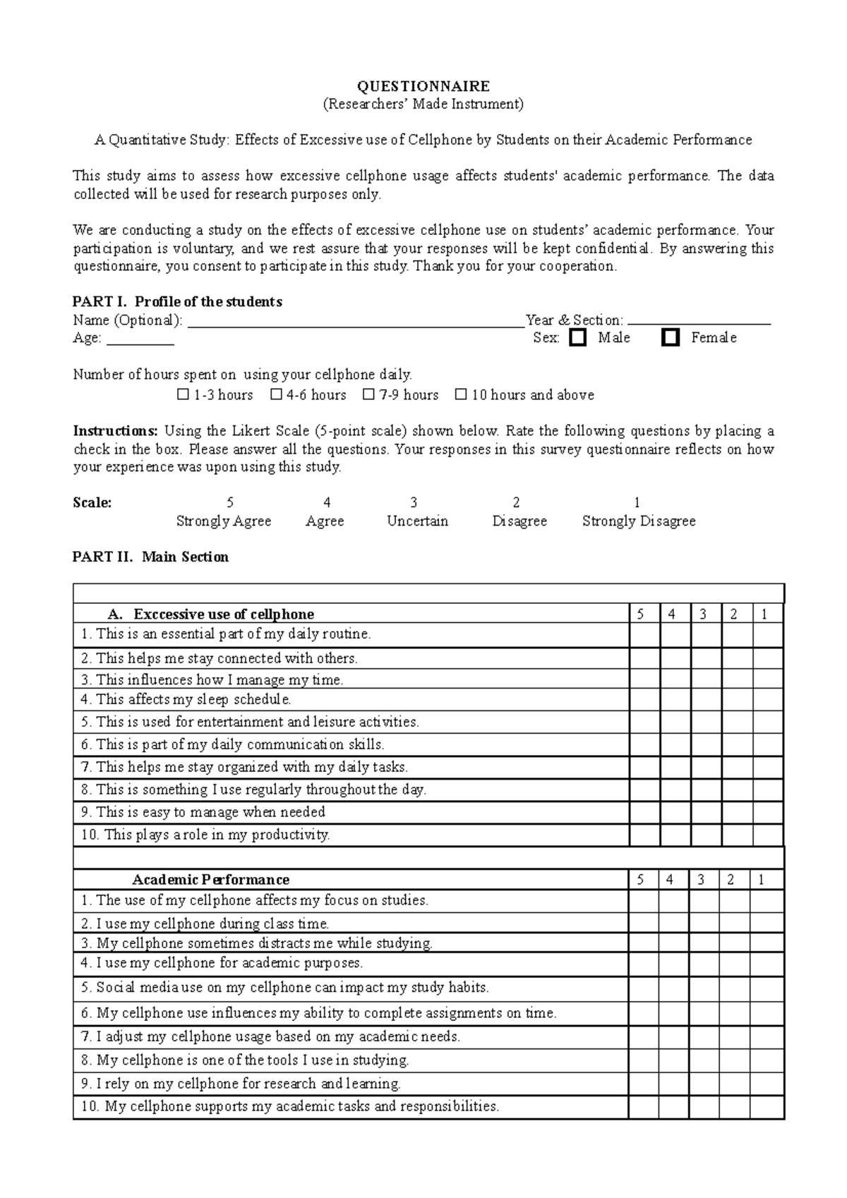 Research instrument 1 - QUESTIONNAIRE (Researchers’ Made Instrument) A ...