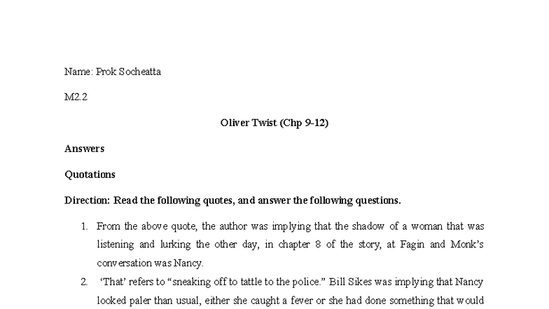 Oliver Twist (Chp 9-12) Analysis: Quotes & Discussion Questions - Studocu