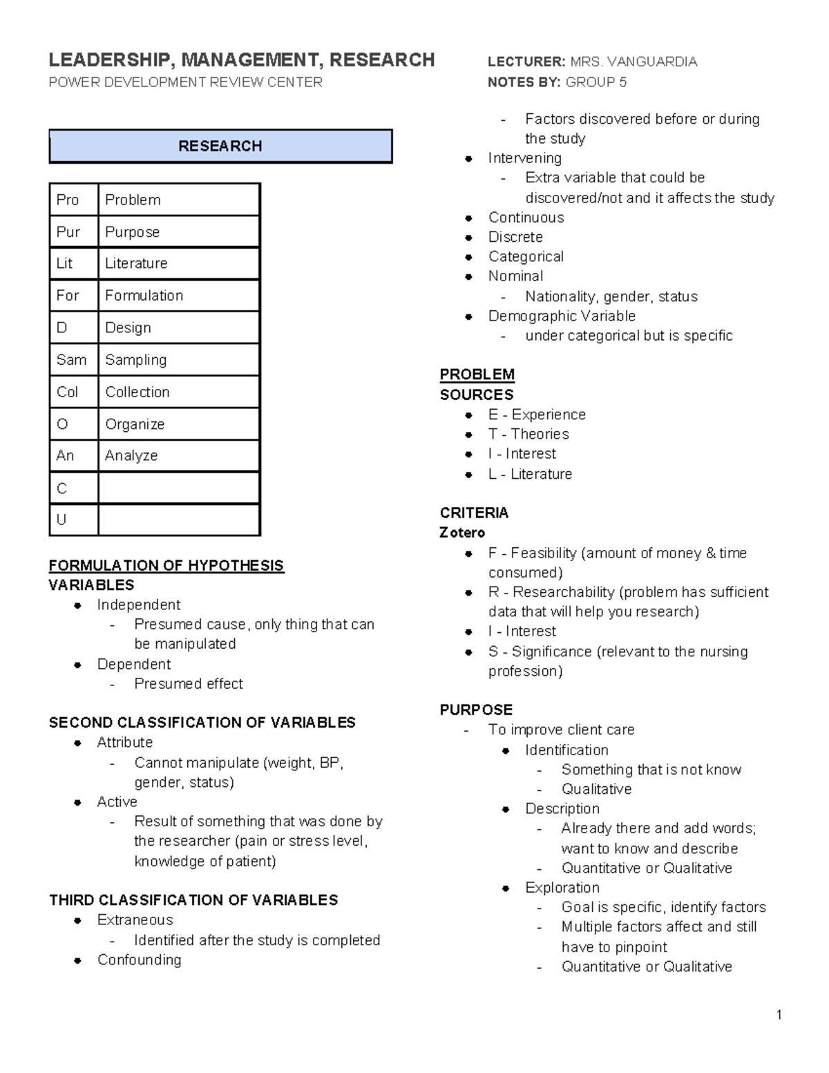 LEADERSHIP, MANAGEMENT, RESEARCH LECTURE NOTES: GROUP 5 POWER ...
