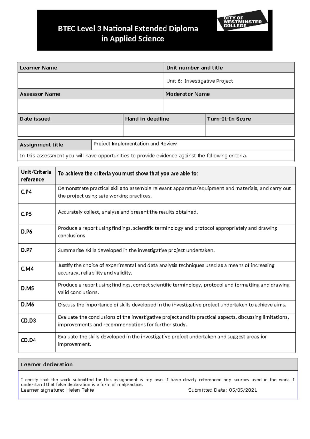 Unit 6 Assignment 3: Project Implementation and Review in Applied Science - Studocu