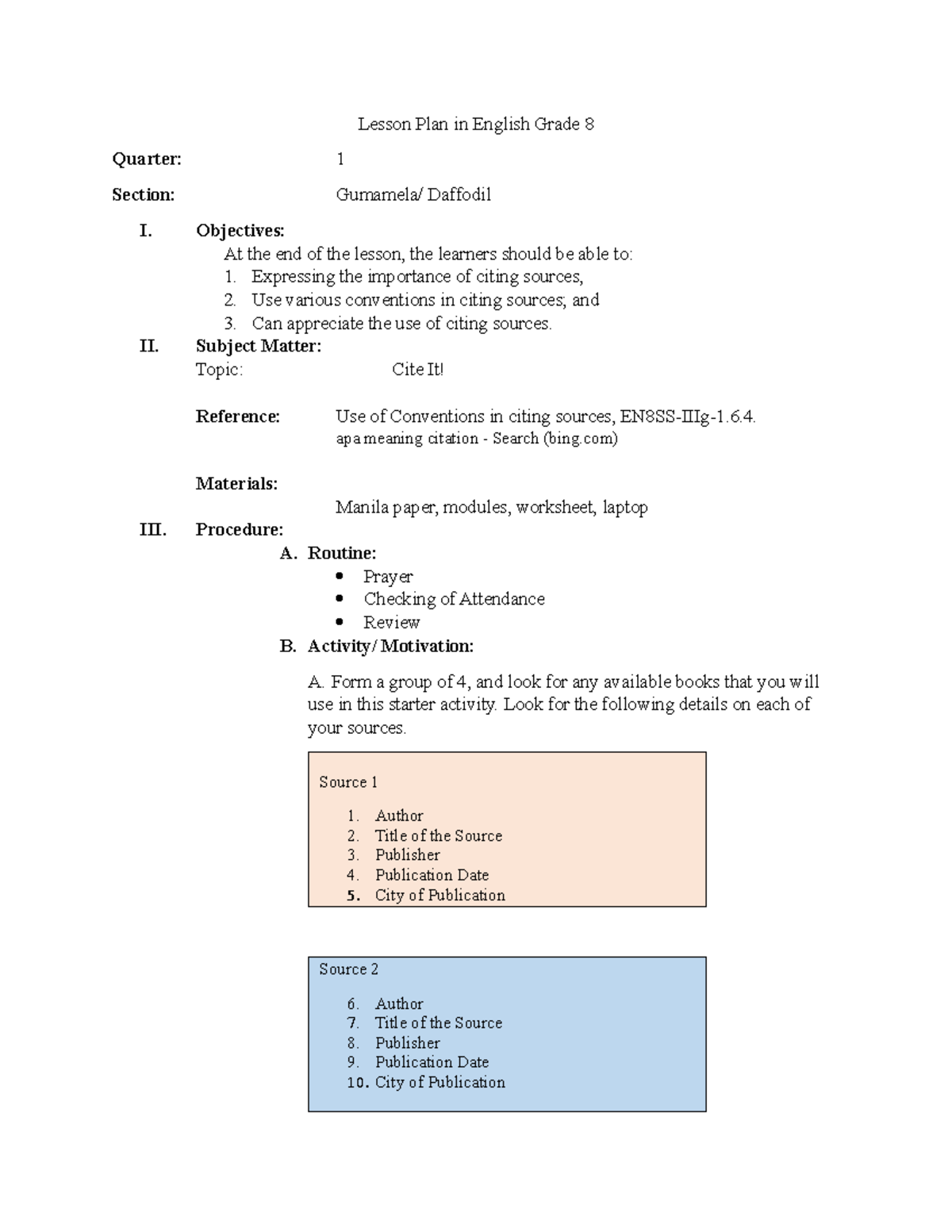 Lesson Plan: Citing Sources in English 8 (EN8SS-IIIg-1.6.4) - Studocu