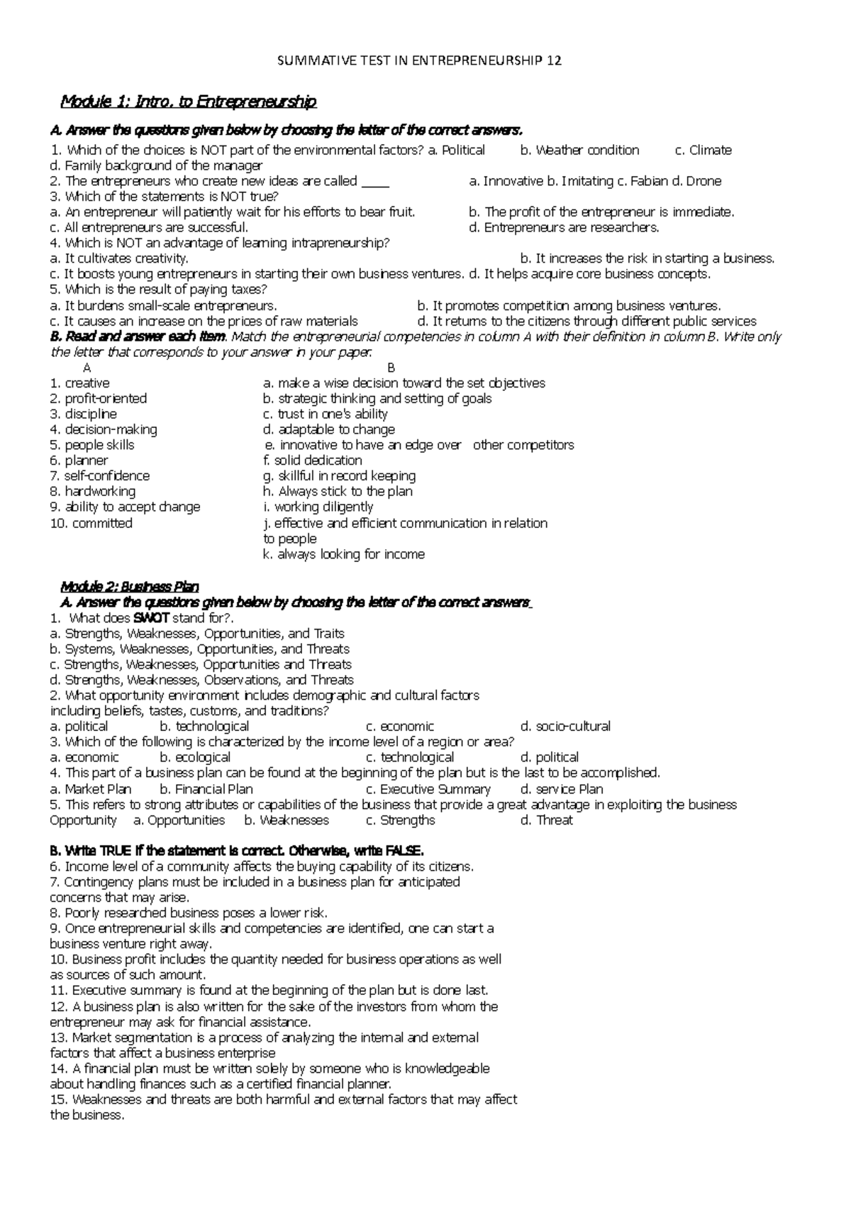 1st Summative Test in Entrepreneurship 12: Module Insights and Key ...