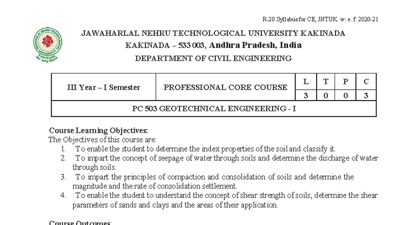 R20 CE - Syllabus for Geotechnical Engineering I at JNTUK - Studocu