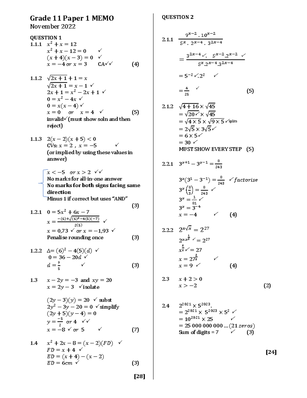 Grade 11 Math Paper 1 Memo November 2022 - Studocu
