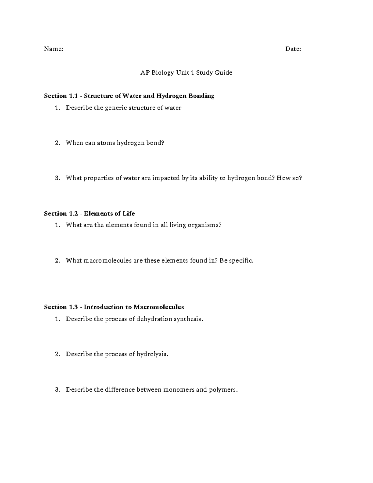 AP Biology Unit 1 Study Guide: Water, Macromolecules & Life Elements ...