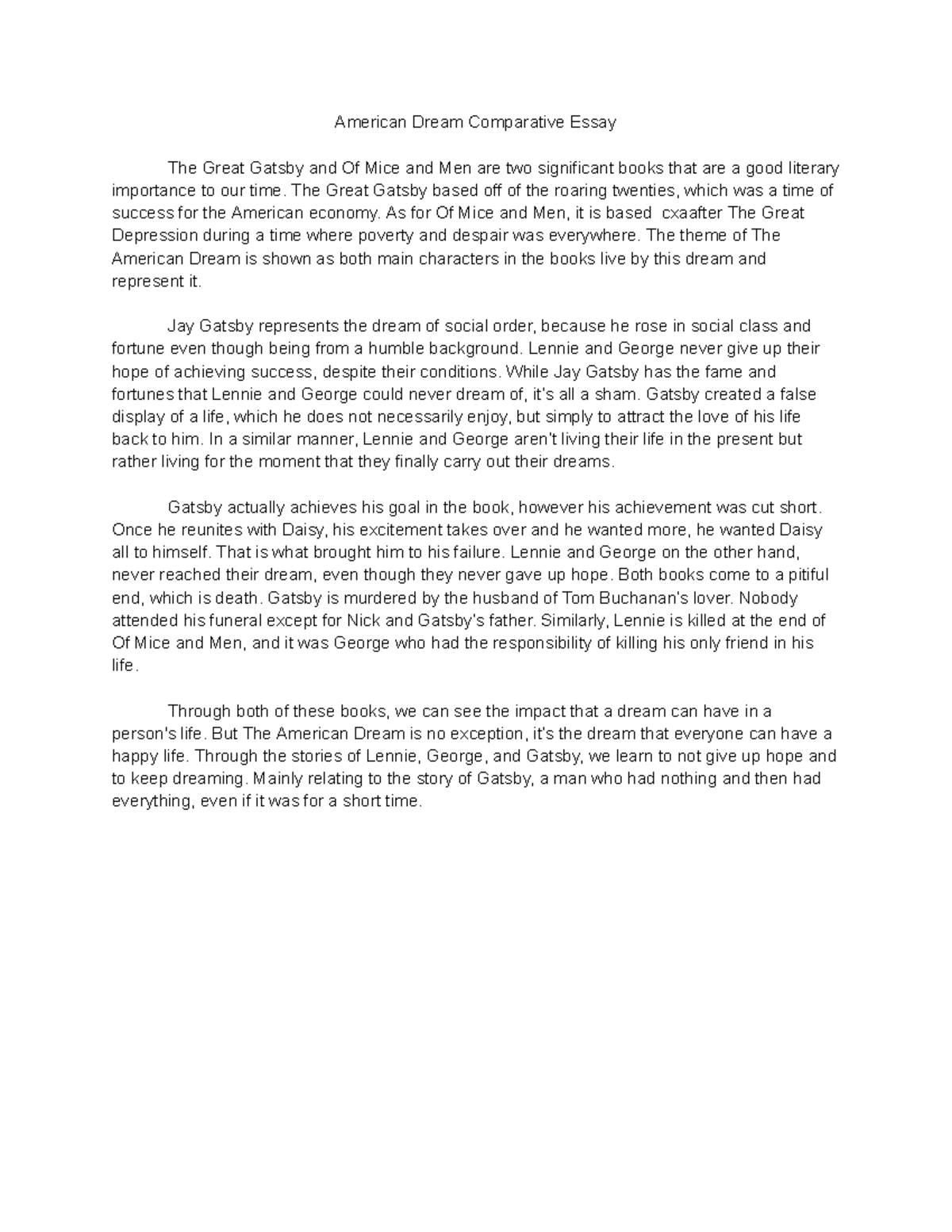 Comparative Essay on The American Dream in Gatsby & Mice and Men - Studocu