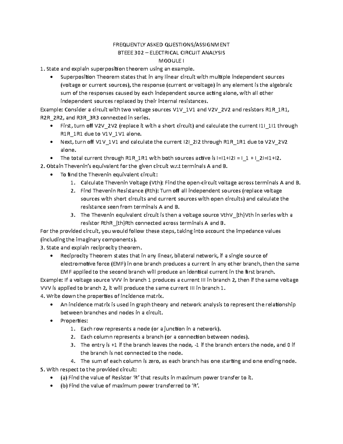 FREQUENTLY ASKED QUESTIONS: 302 ELECTRICAL CIRCUIT ANALYSIS MODULE I ...