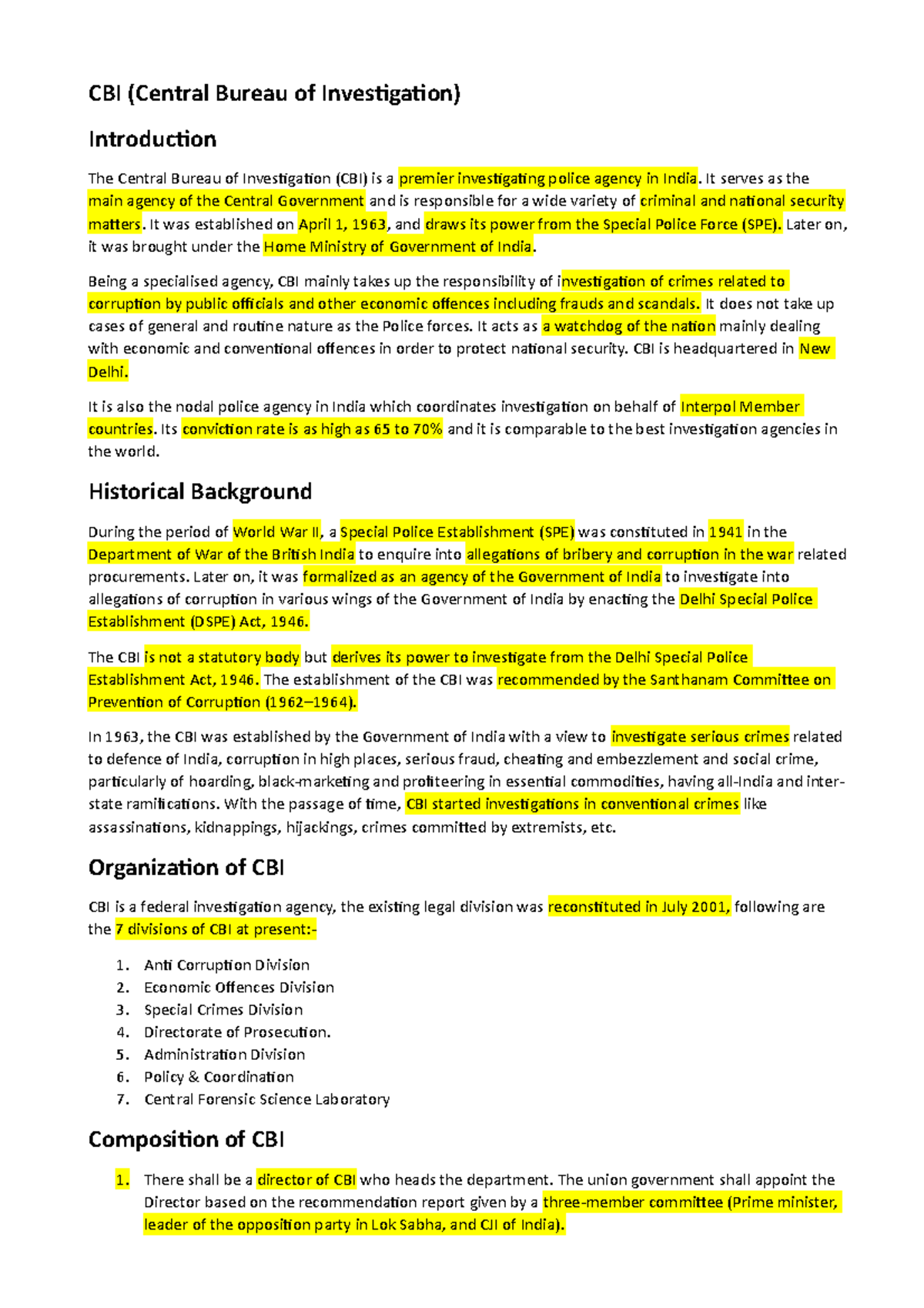 CBI - Detailed Study Notes on Central Bureau of Investigation - Studocu