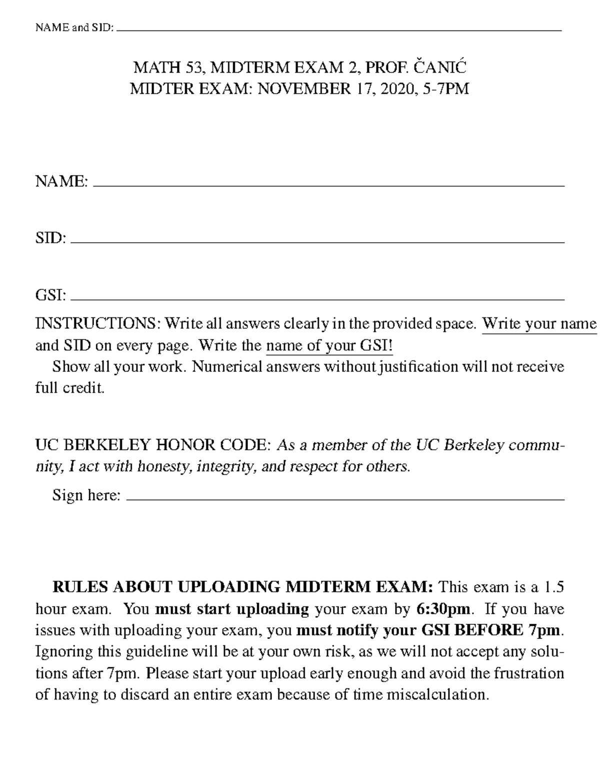 MATH 53 Midterm Exam 2 Solutions - November 17, 2020 - Studocu