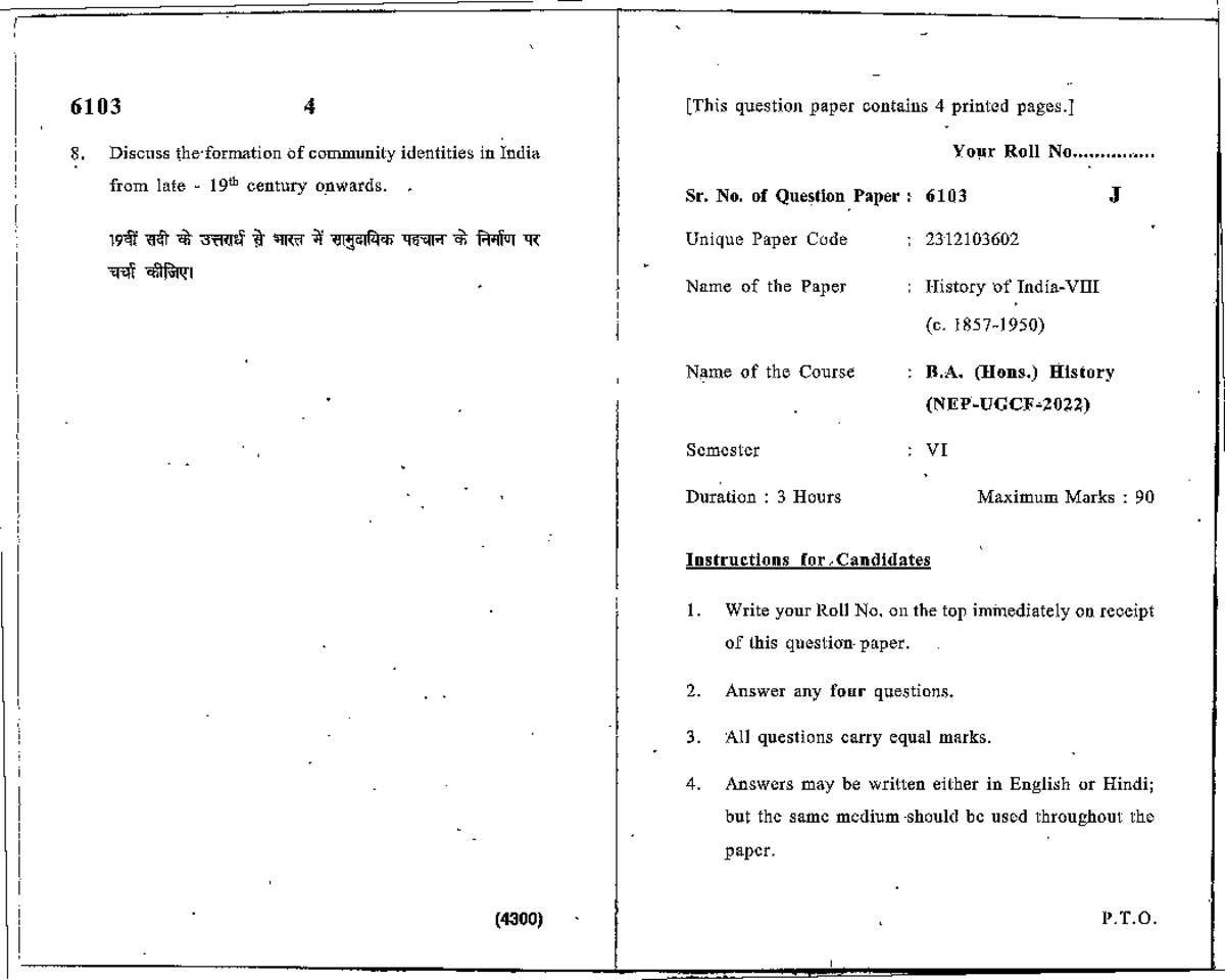 6103 Final Exam: Community Identities in India (1857-1950) - Studocu