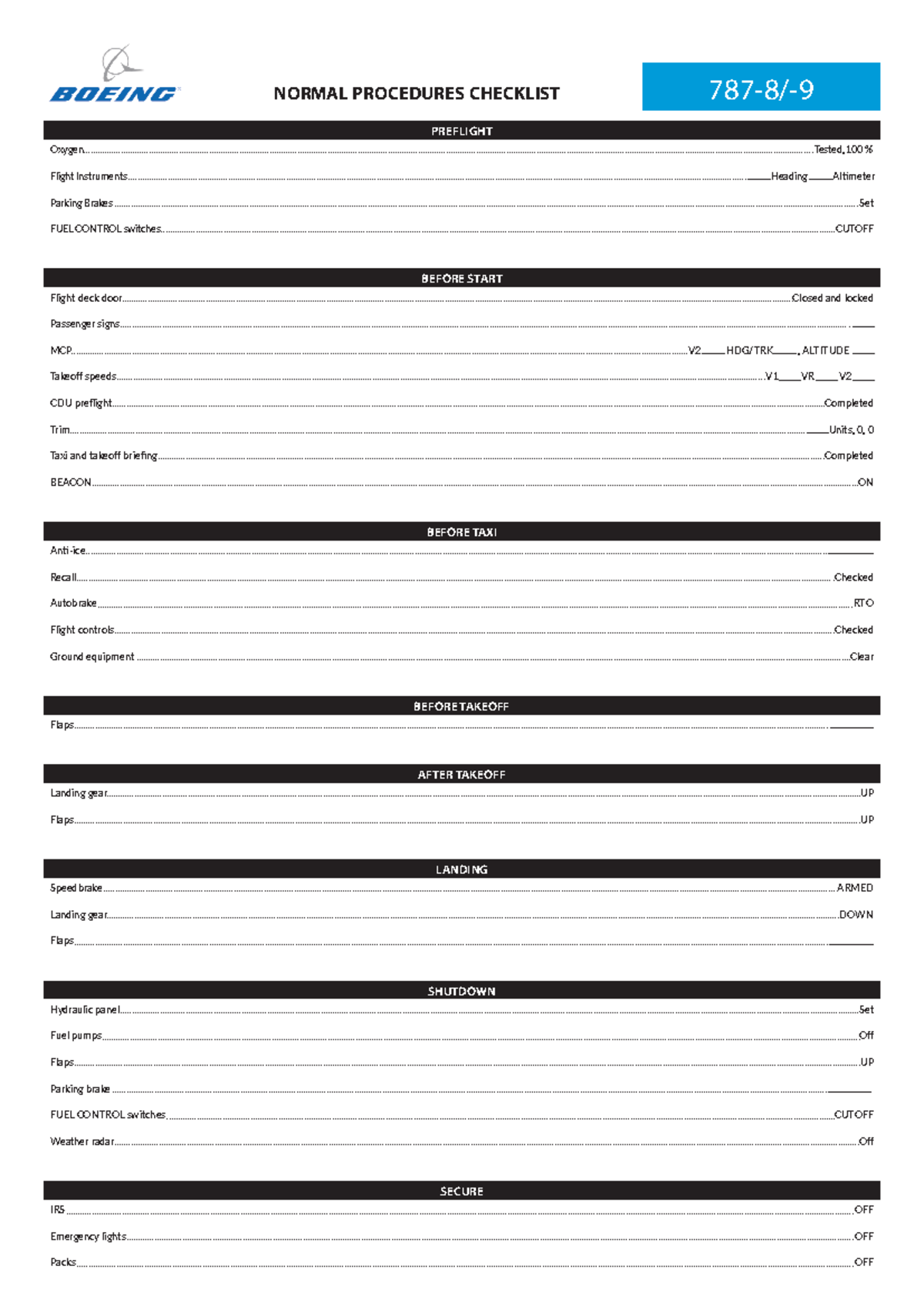 Boeing 787-8 Normal Procedures Checklist for Flight Operations - Studocu