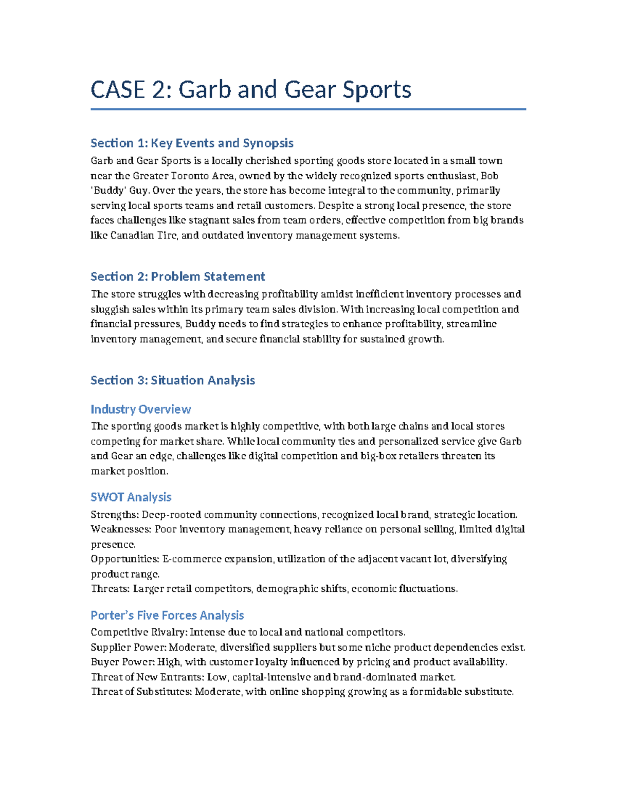 Revised Case Study: Garb and Gear Sports (CASE 2) Analysis and ...