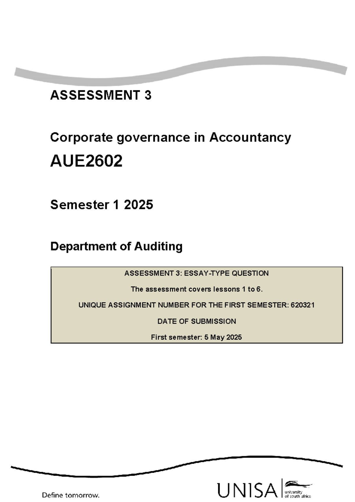 AUE2602 Assessment 3: Corporate Governance in Accountancy 2025 - Studocu