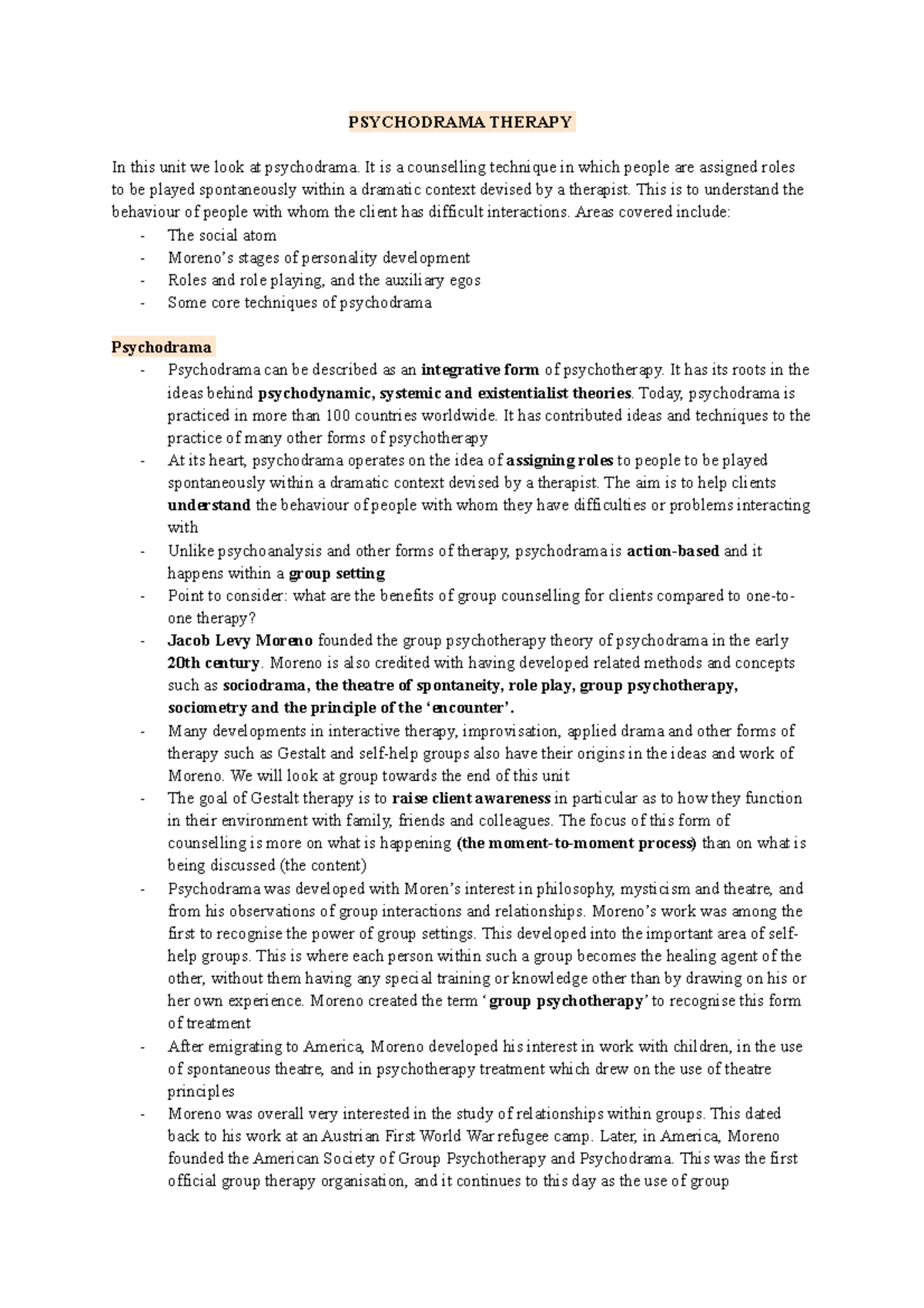 Psychodrama Therapy lecture notes - C8512 - Sussex - Studocu