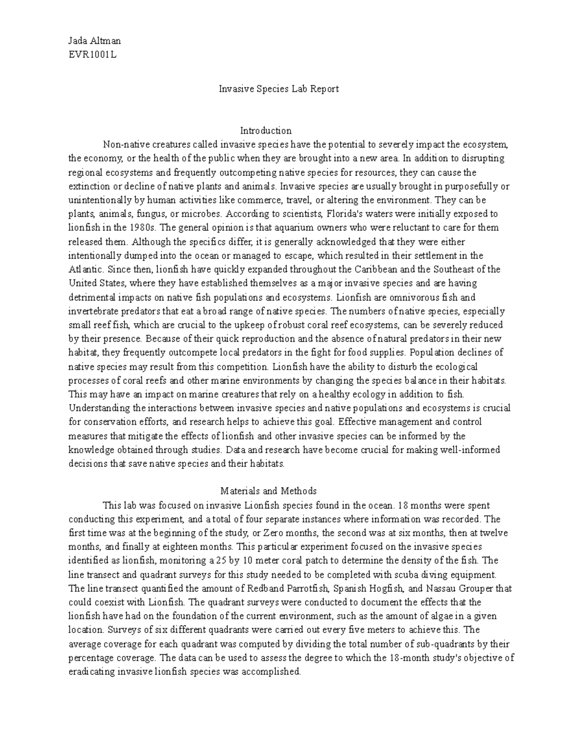 EVR1001L Invasive Species Lab Report: Impact of Lionfish on Coral Reefs ...