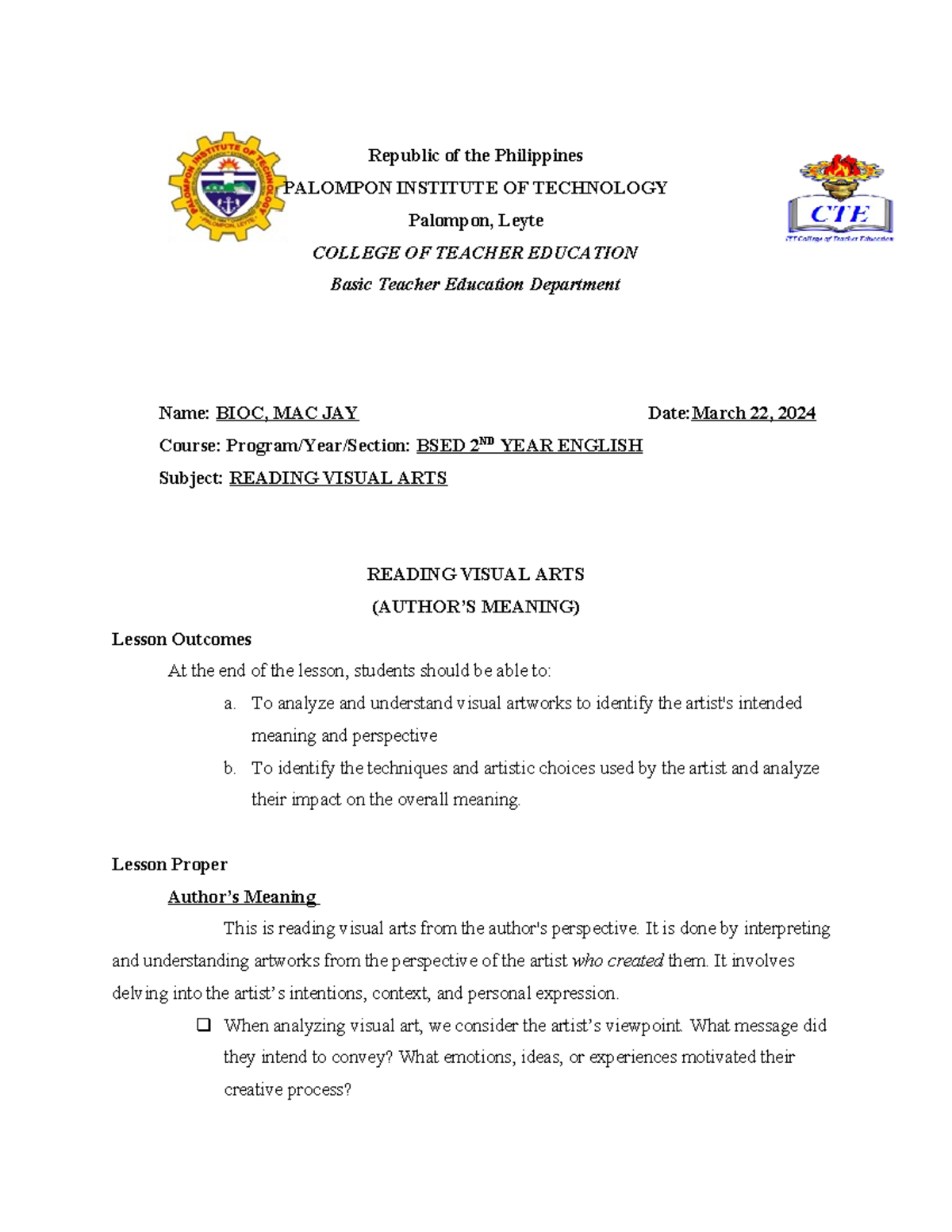 BSED 2ND YEAR ENGLISH: Author's Meaning in Visual Arts Lesson Outline ...