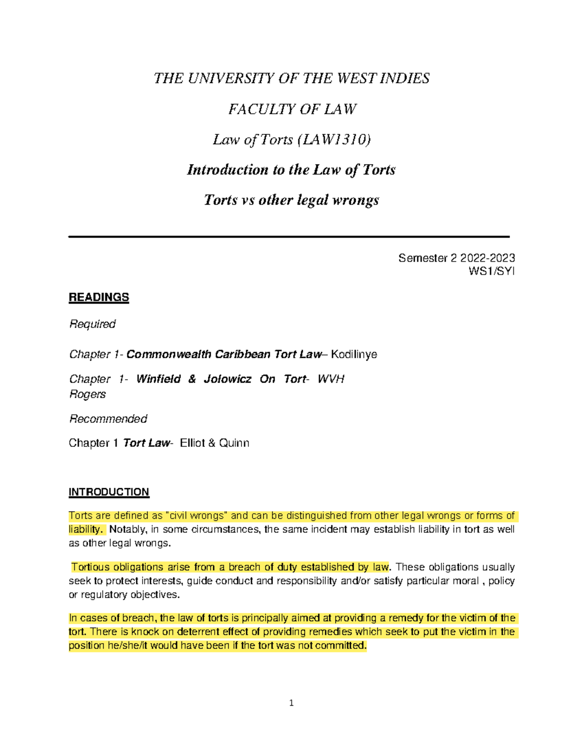 Worksheet 1-Introduction- Torts v other legal wrongs - THE UNIVERSITY ...