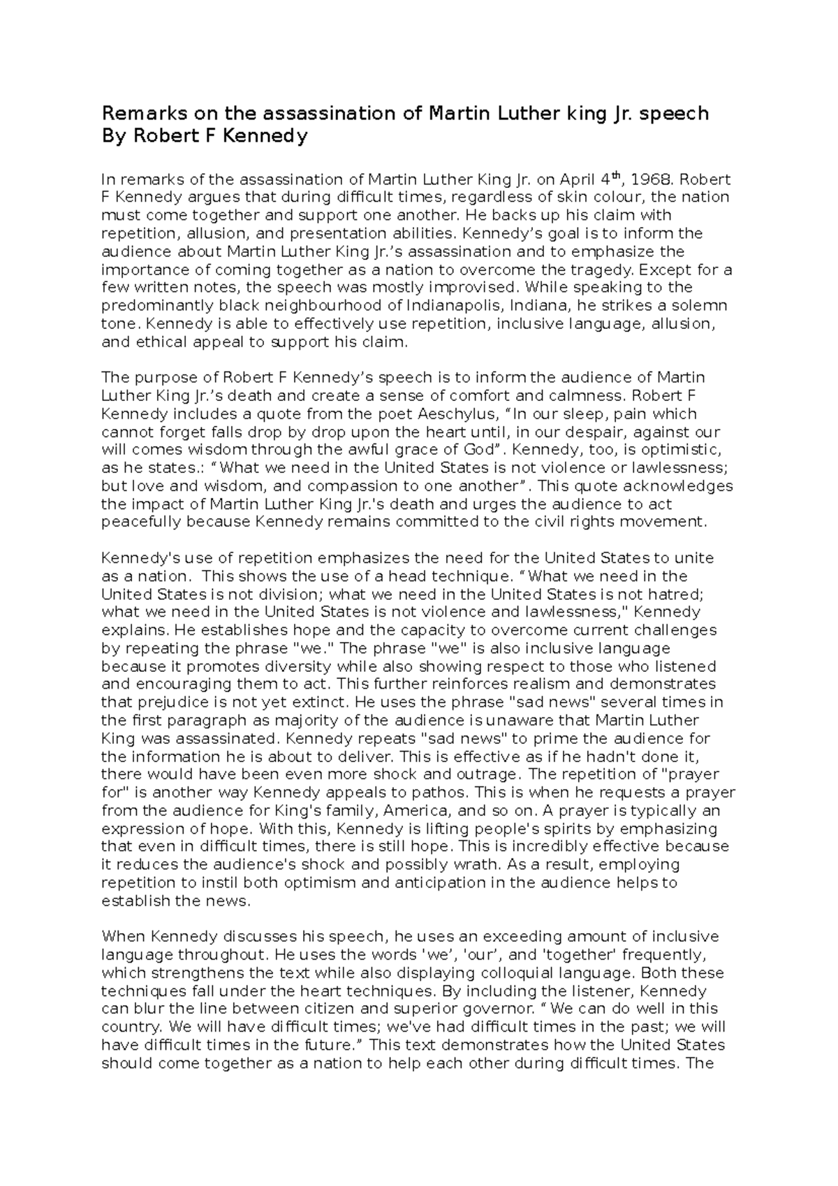 Analysis of Robert F. Kennedy's Speech on MLK's Assassination - Studocu