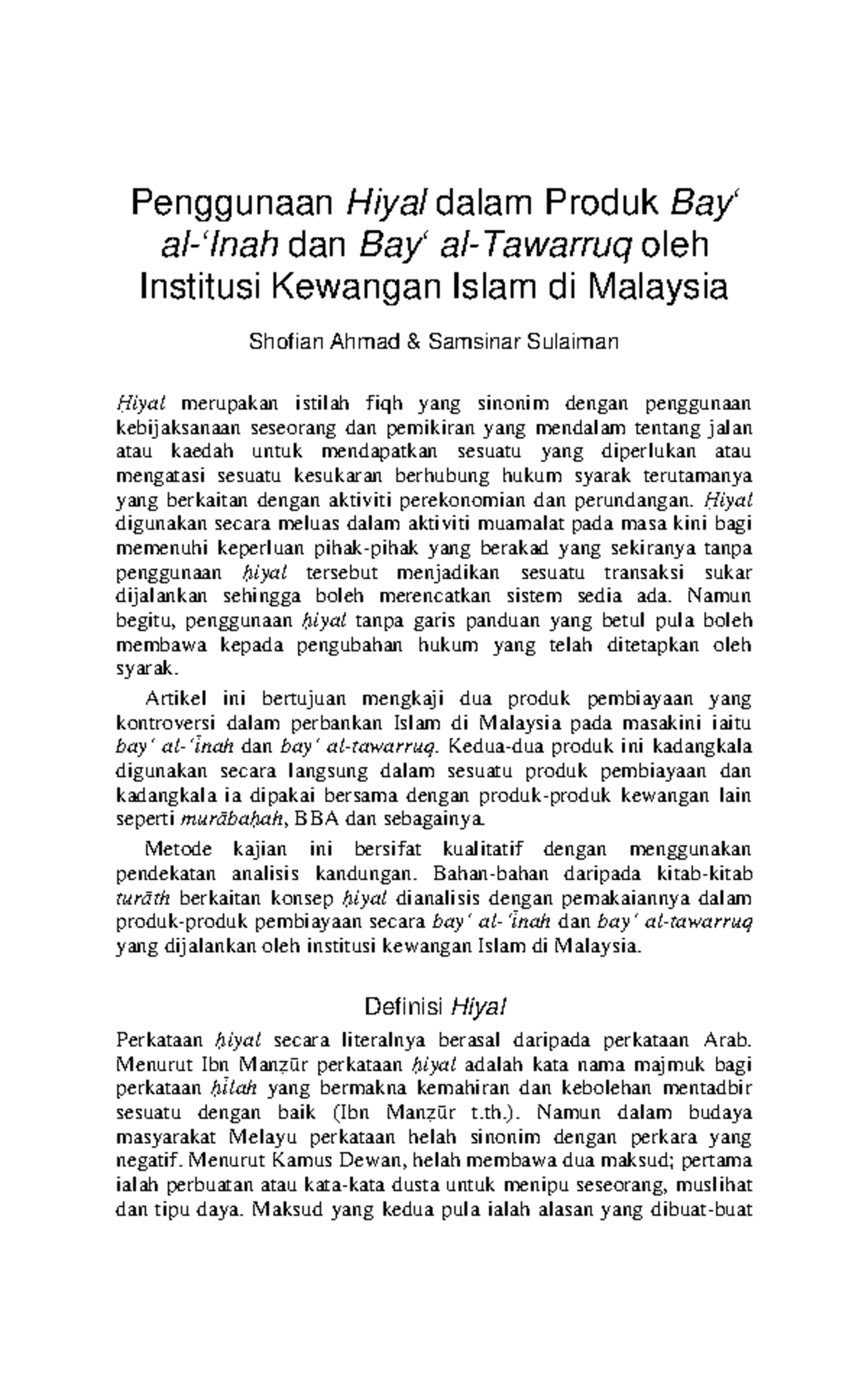 Penggunaan Hiyal Dalam Produk BAY' INAH DAN Tawarruq - Penggunaan Hiyal ...