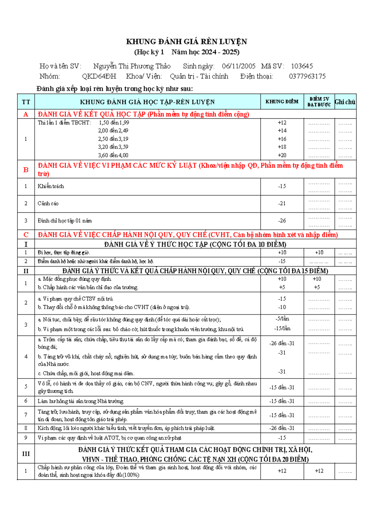 KHUNG ĐÁNH GIÁ RÈN LUYỆN - Học kỳ 1 Năm học 2024-2025 - Studocu