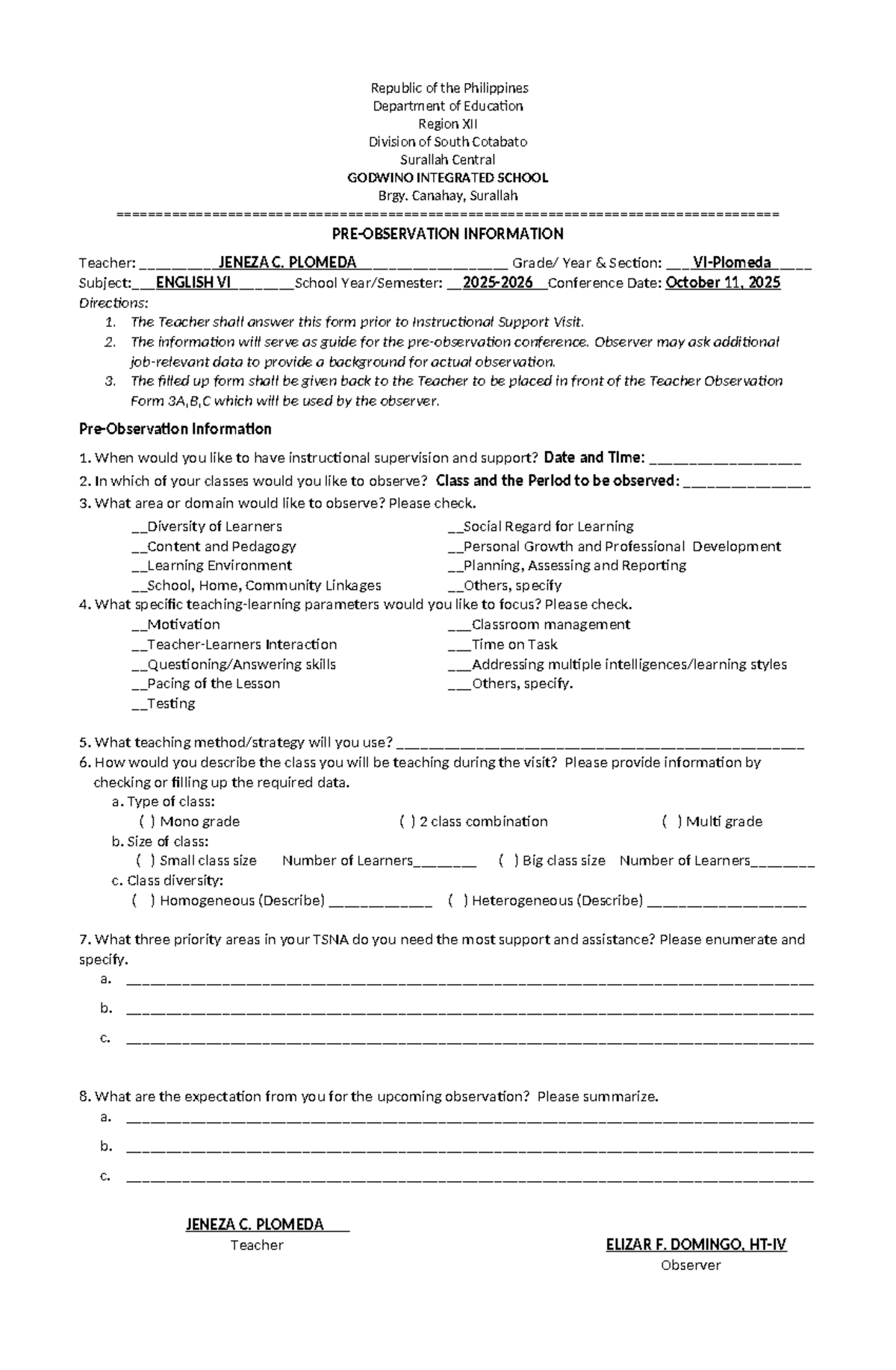 Pre-Observation and Post-Observation Forms for ENGLISH 6 (2025) - Studocu
