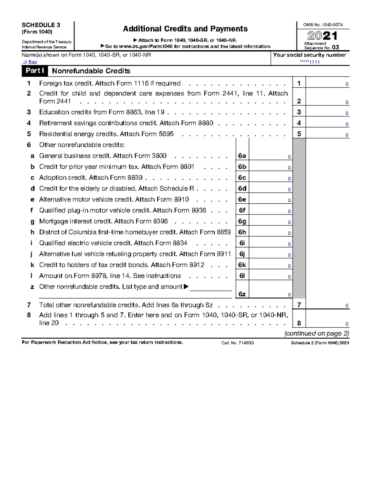 2021 Schedule 3 - Additional Credits & Payments (Form 1040) - Studocu
