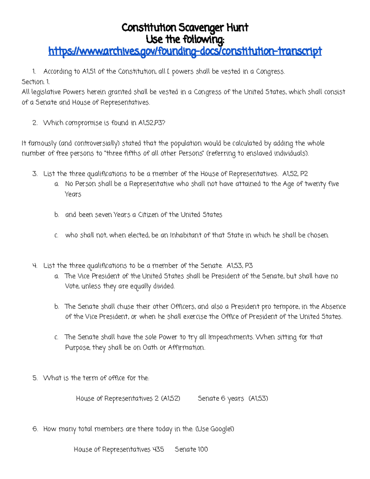 Constitution Scavenger Hunt: Key Points & Qualifications (CIV101) - Studocu
