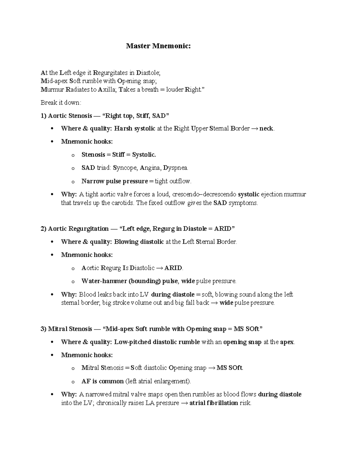 Cardiovascular Murmurs Mnemonics & Classifications - Med 101 Notes ...