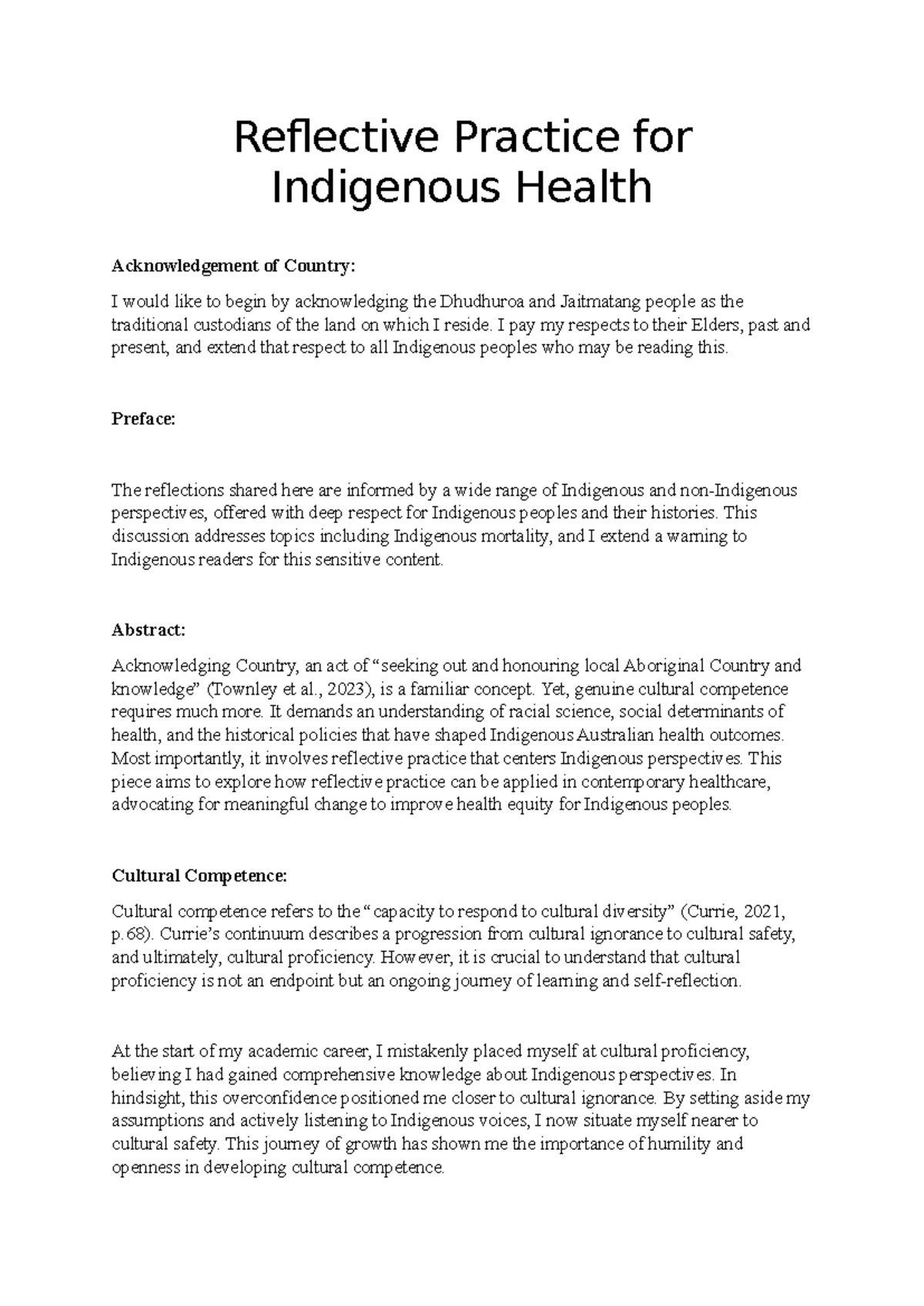 Reflective Practice for Indigenous Health: Acknowledging Country and ...