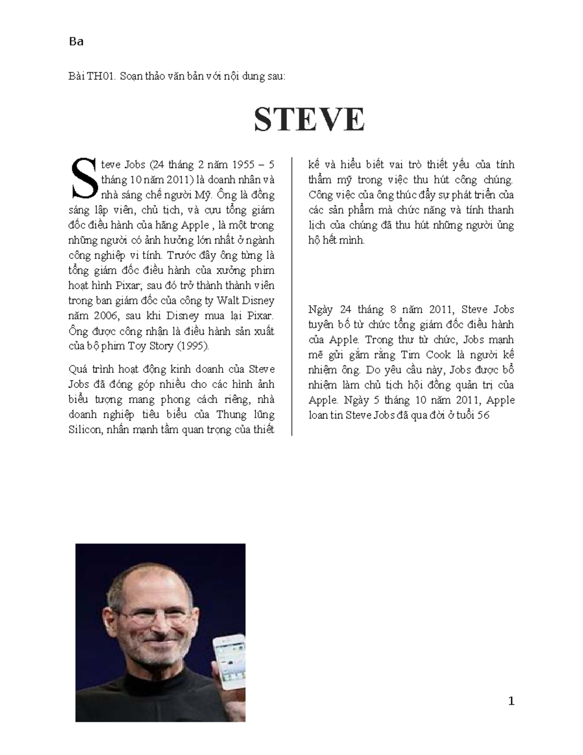 Bài TH01: Tóm tắt về Steve Jobs và ảnh hưởng của ông - Studocu