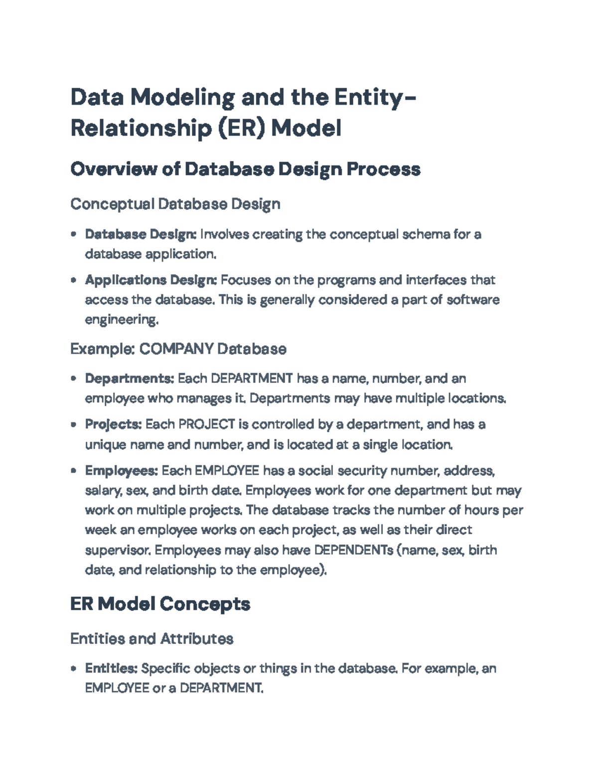 Database Design: An Overview of the ER Model Concepts and Techniques - Data Modeling and the ...