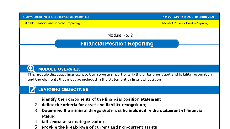 Study Guide: FM 101 Financial Analysis & Reporting - Module 1 Overview ...