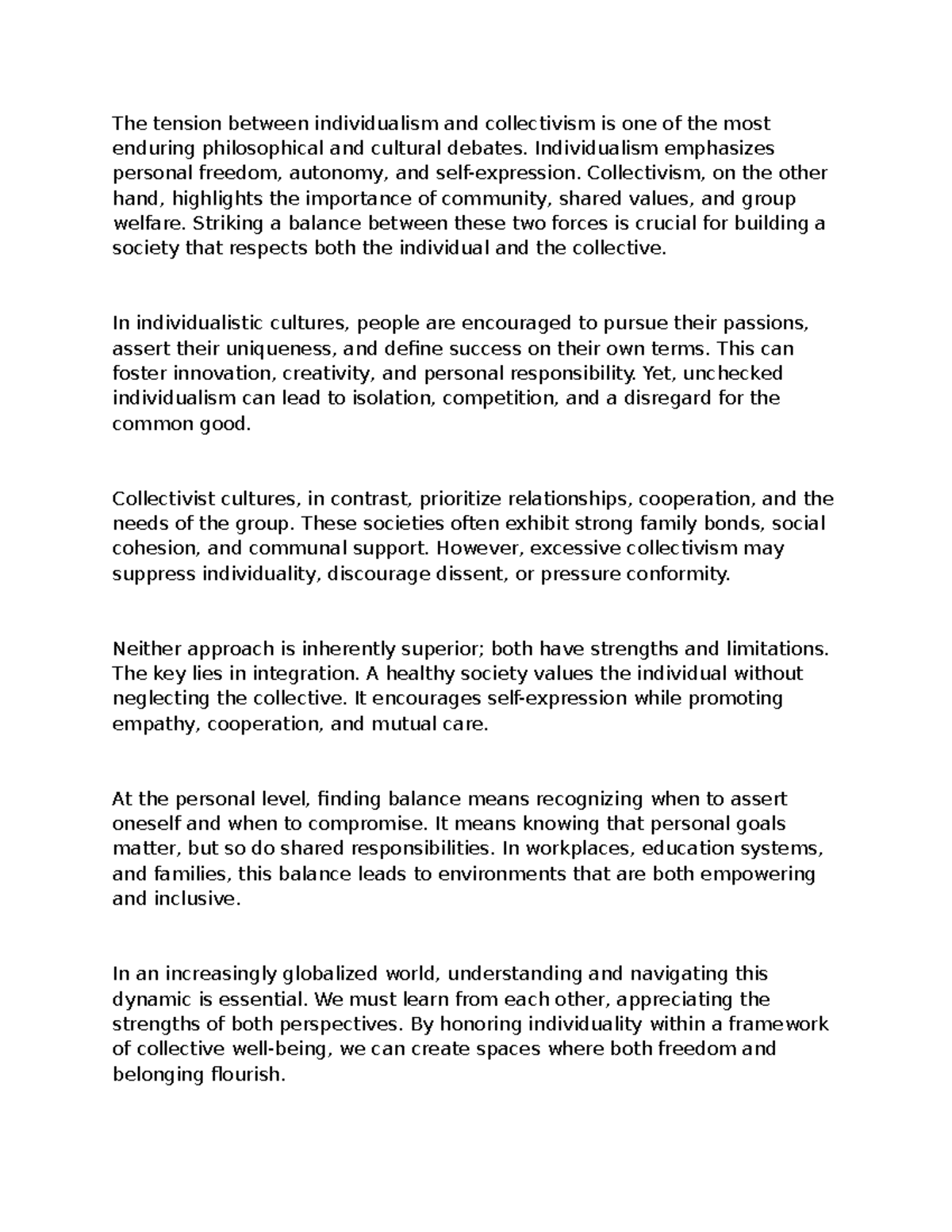 Balancing Individualism and Collectivism: A Social Perspective - Studocu