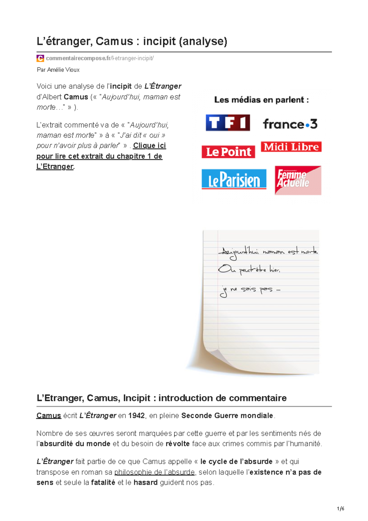 Analyse du chapitre 1 de L’Étranger de Camus : incipit détaillé - Studocu