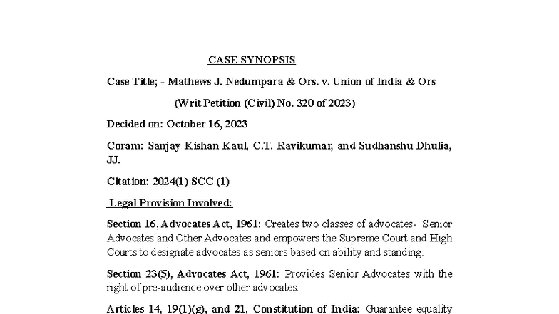 Case Synopsis: Mathews J. Nedumpara v. Union of India (W.P. (C) No. 320 ...